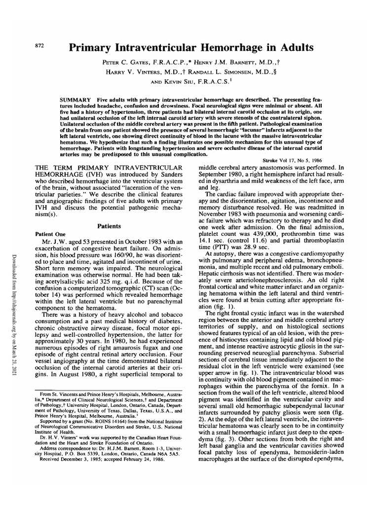 Primary Intraventricular Hemorrhage in Adults: Patients | PDF | Stroke ...