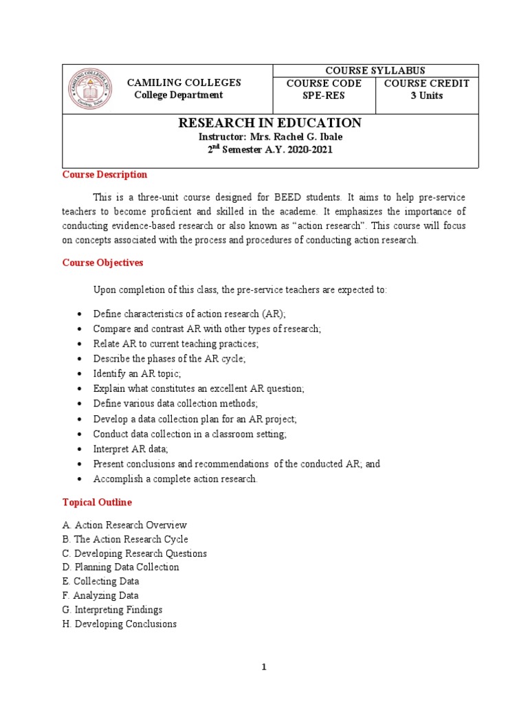 Research in Education: Camiling Colleges College Department Course ...