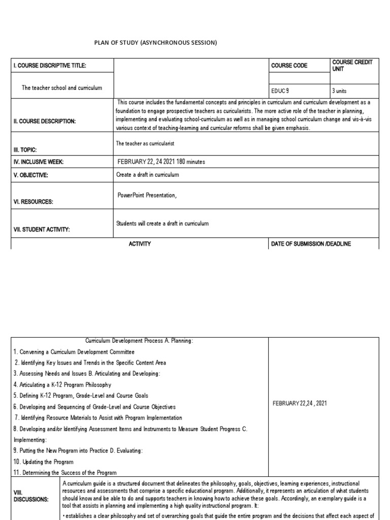 Asynchronous Learning Plan Draft For Curriculum Making | Download Free ...