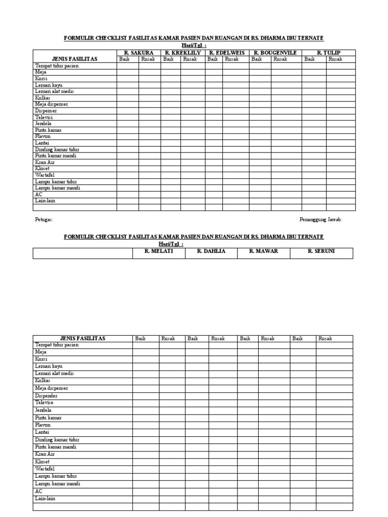 Formulir Checklist Fasilitas Kamar Pasien Dan Ruangan Di RS | PDF