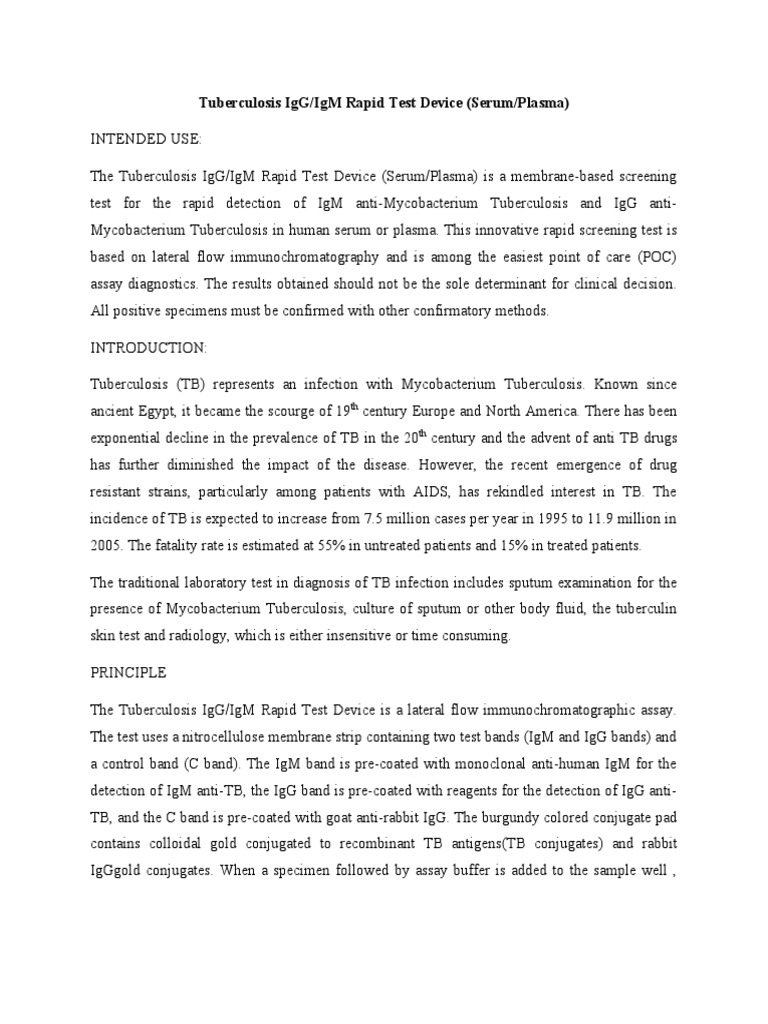 Tuberculosis Igg/Igm Rapid Test Device (Serum/Plasma) : TH TH | PDF ...