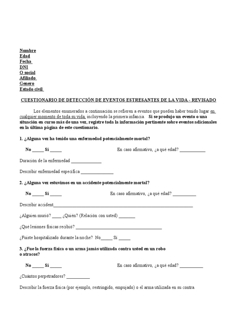 Stressful Life Events Screening Questionnaire | PDF | Violencia