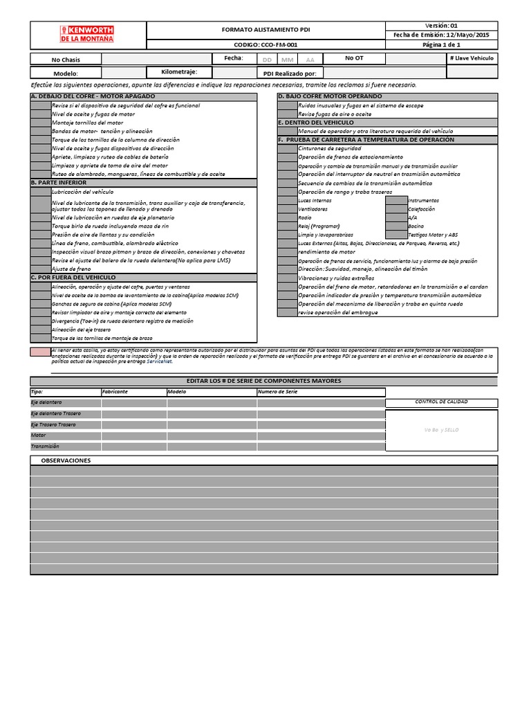 Formato Alistamiento Pdi | PDF | Transmisión (Mecánica) | Eje
