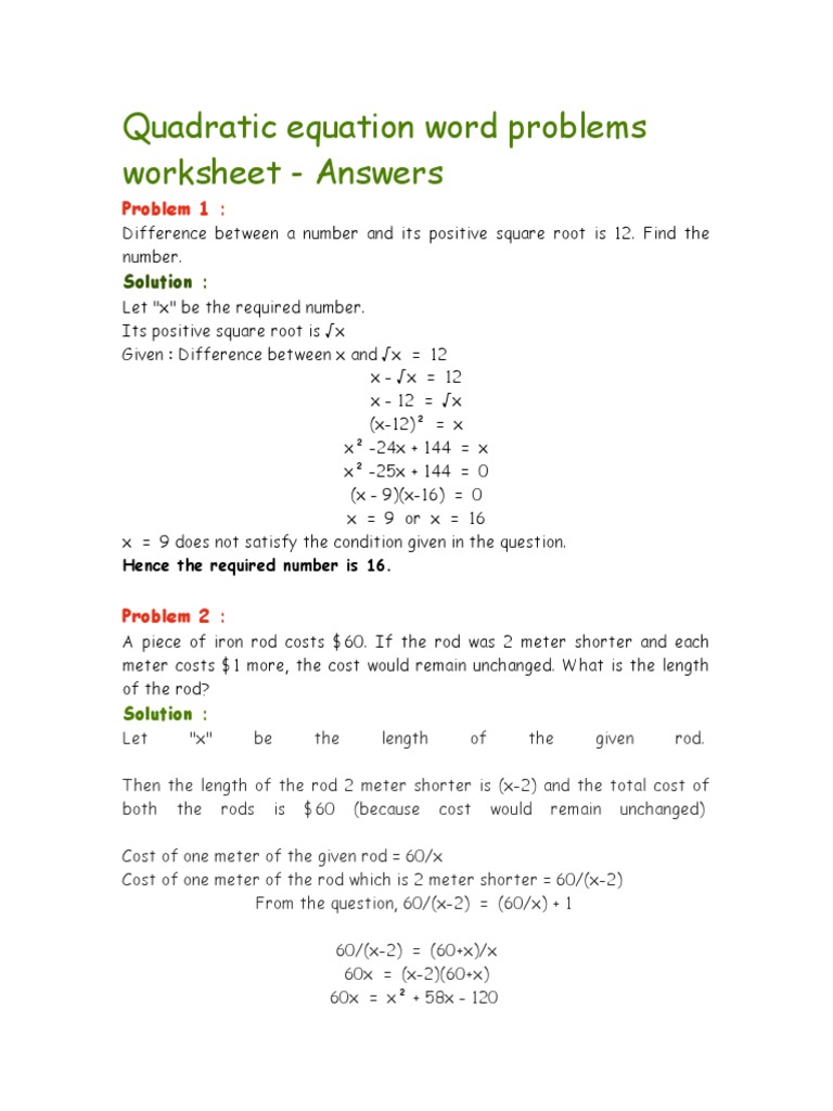 Quadratic Formula Word Problems Worksheets Quadratic Equations Story