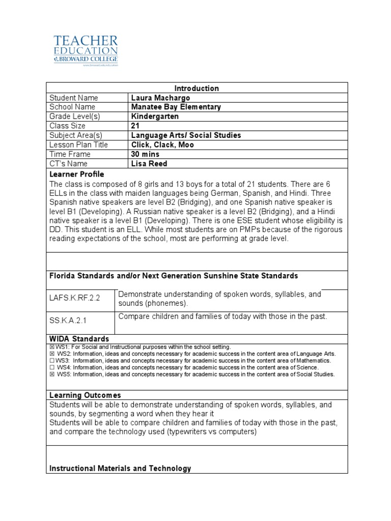 Click Clack Moo Lesson Plan | PDF | Learning | Linguistics