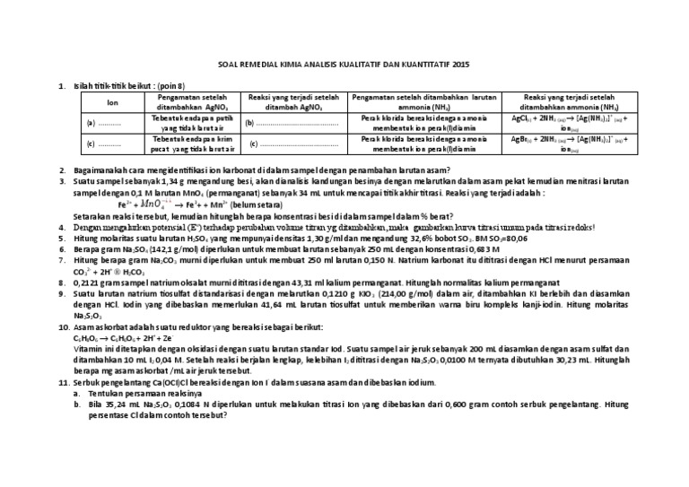 Soal Remedial Kimia Analisis Kualitatif Dan Kuantitatif 2015 | PDF Soal Remedial Kimia Analisis Kualitatif Dan Kuantitatif 2015 | PDF
