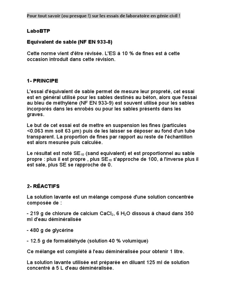 Equivalent de Sable (NF EN 933-8) | PDF | Chimie | La nature