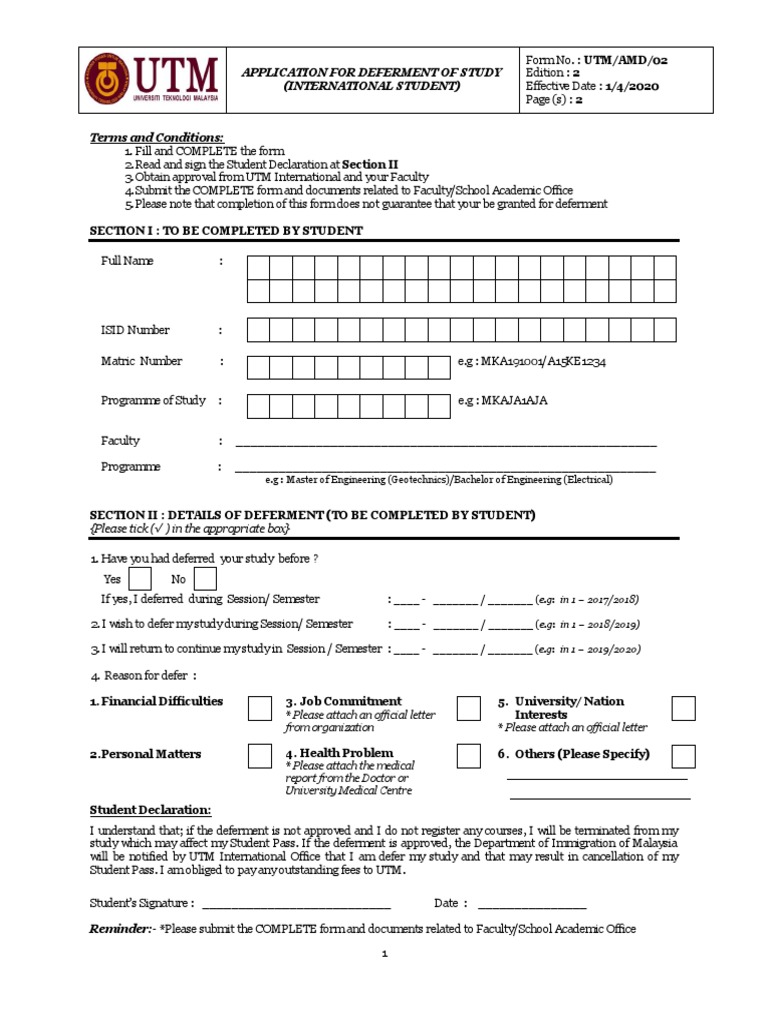 UTM International Student Deferment Form | PDF | Business