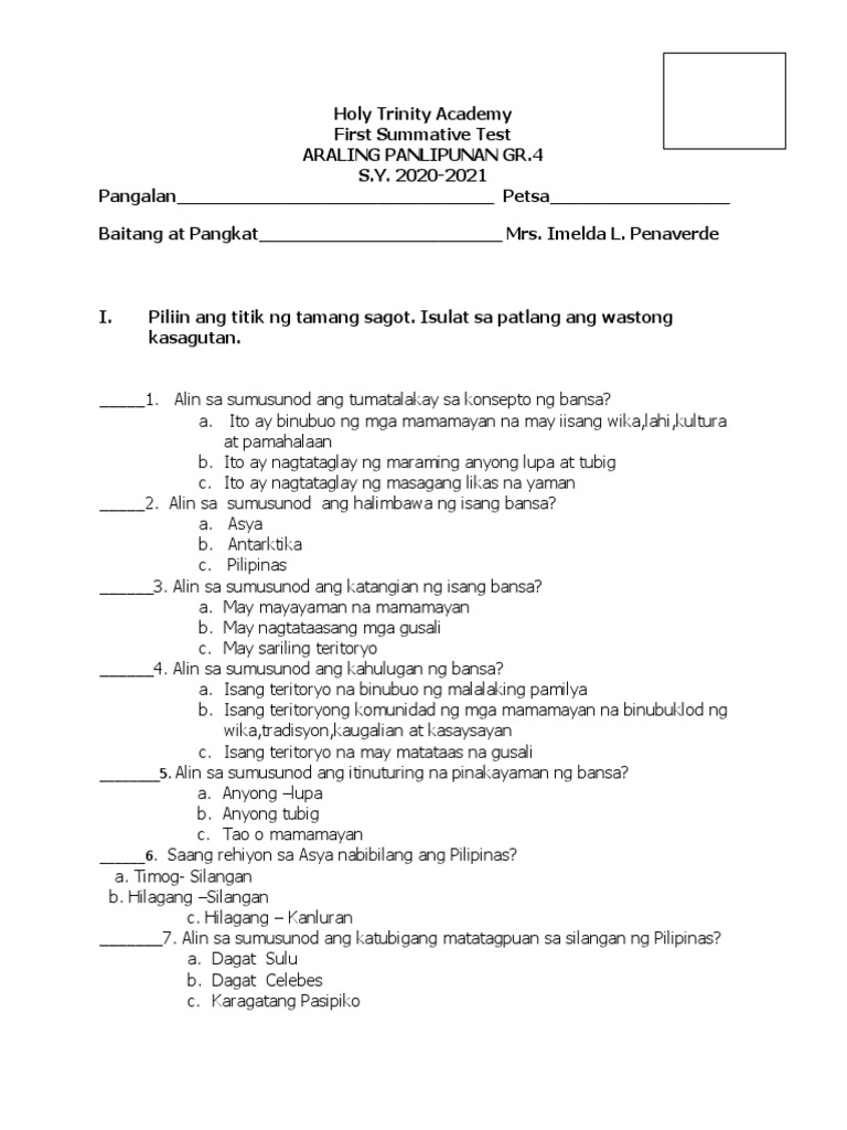 1st Quarter Summative Test in AP 4 | PDF