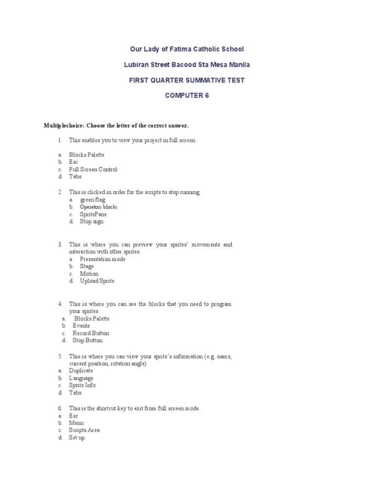 Our Lady of Fatima Catholic School First Quarter Summative Test ...