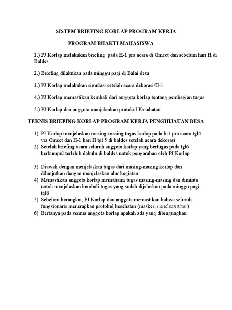 Sistem Briefing Korlap Program Kerja Program Bhakti Mahasiswa | PDF