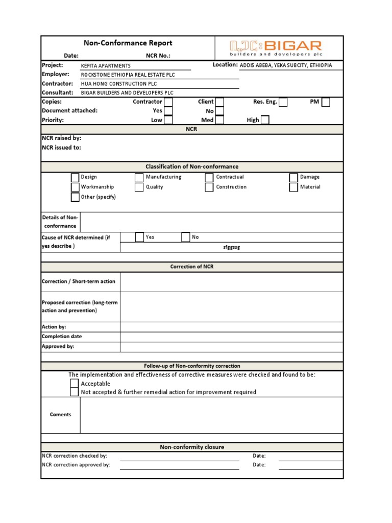 Non-Conformance Report Template | PDF
