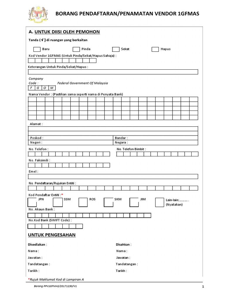 Borang Pendaftaran Penamatan Vendor 1gfmas | PDF