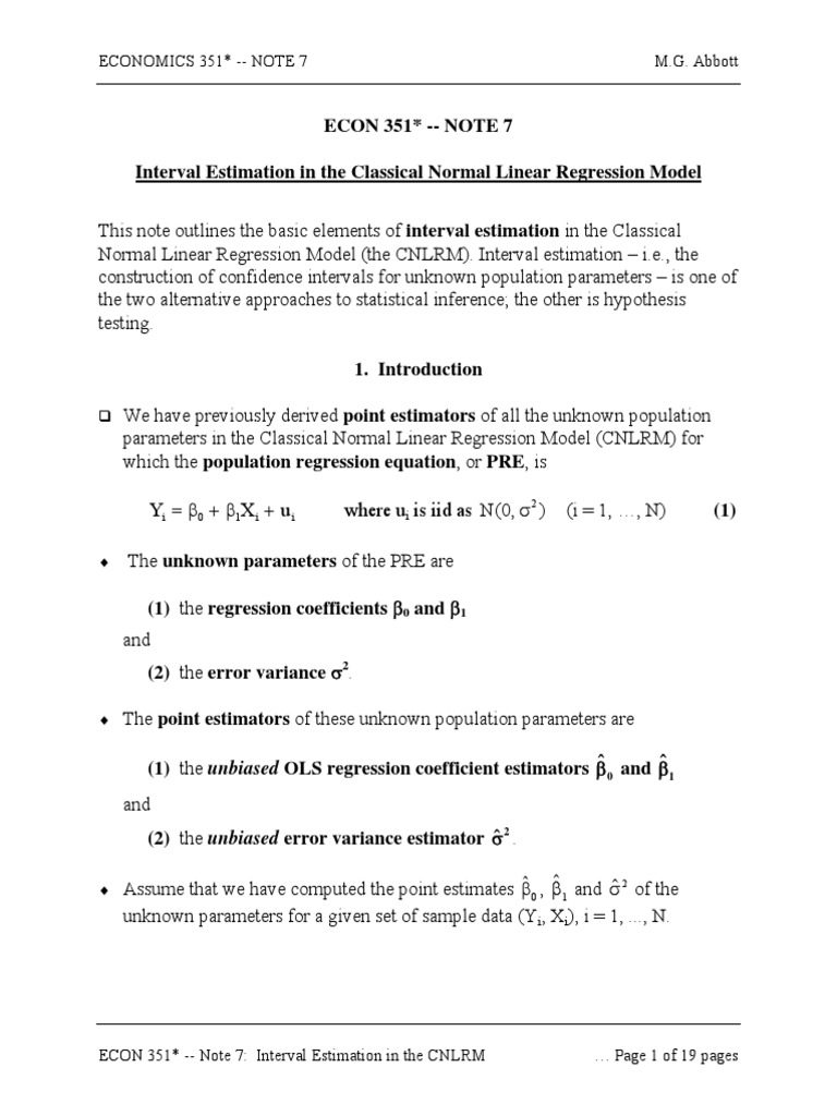 Econ 351 Note 7 Interval Estimation In The Classical Normal Linear