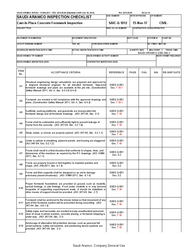 Saudi Aramco Inspection Checklist: Cast-In-Place Concrete Formwork ...