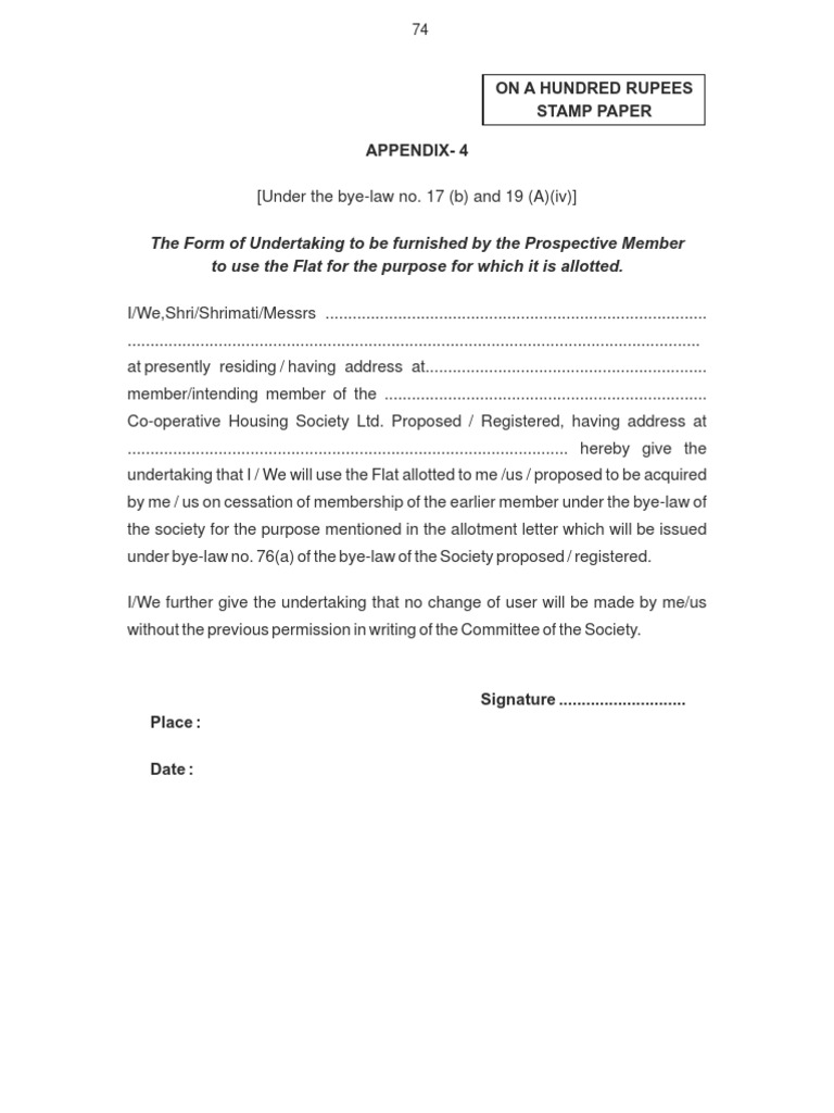 APPENDIX 4 The Form of Undertaking To Be Furnished by The Prospective Member0Ato Use The Flat ...