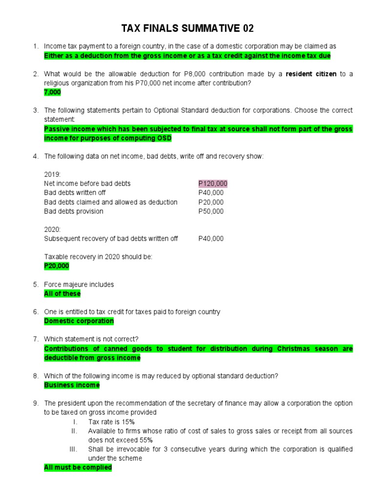Tax Finals Summative s02 | PDF | Tax Deduction | Taxpayer