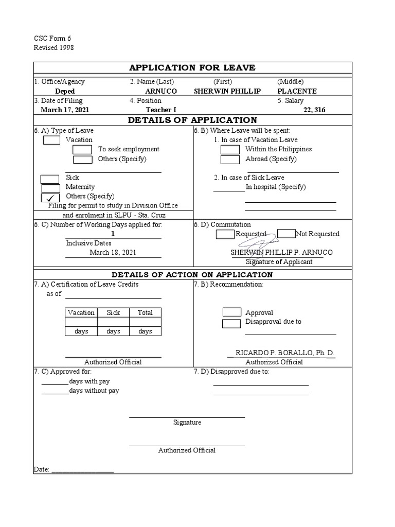 Application For Leave: Deped Arnuco Sherwin Phillip Placente March 17 ...