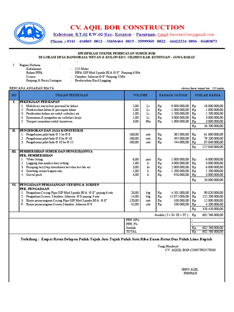 Rencana Anggaran Pembuatan Sumur Bor | PDF