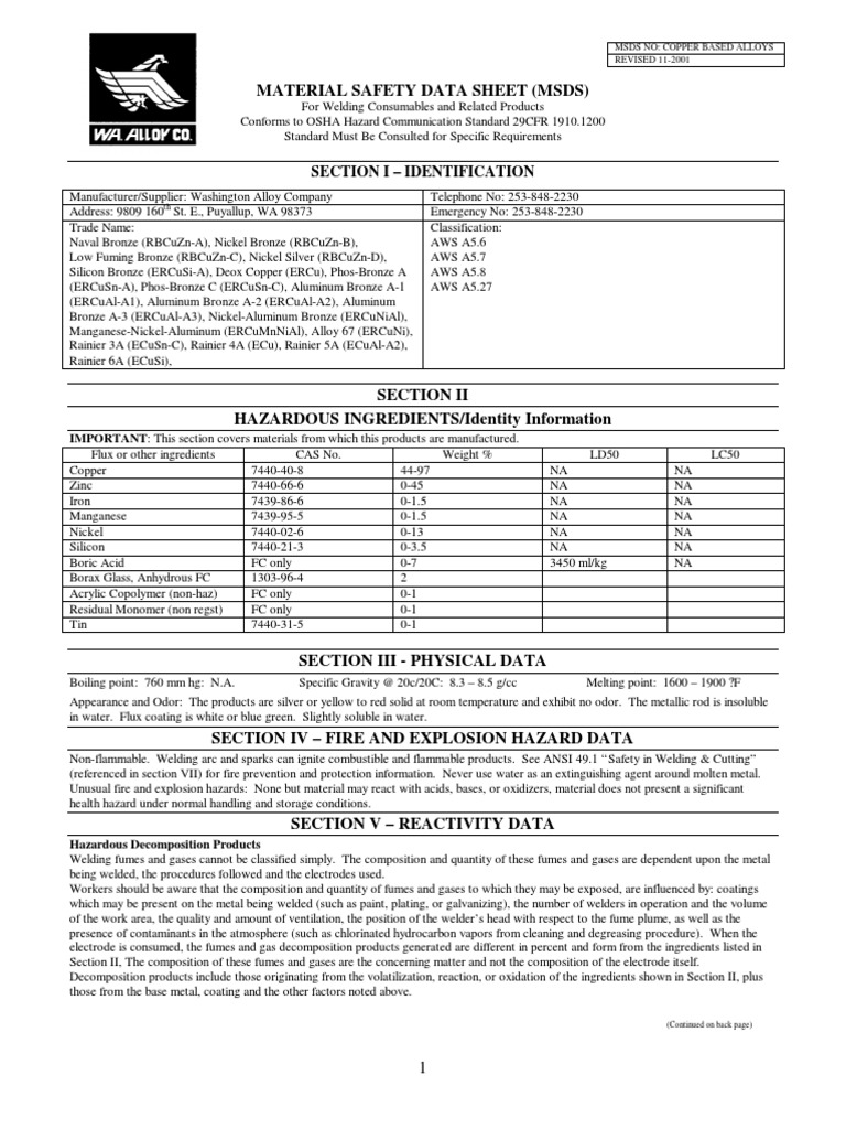 Material Safety Data Sheet (MSDS) : Section I - Identification | PDF ...