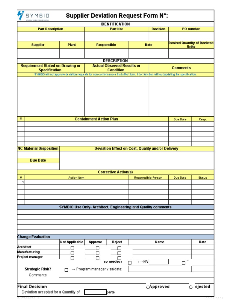 Supplier Deviation Request Form N°:: Part Description Part No: Revision ...