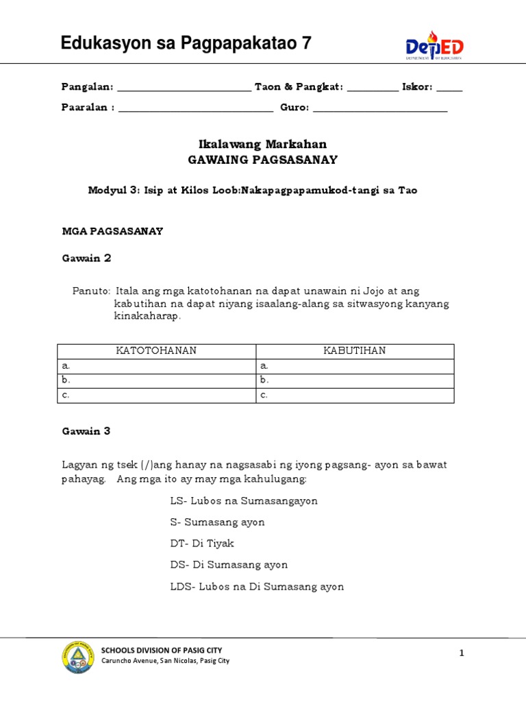 EsP 7 Q2 G.pagsasanay 3 | PDF