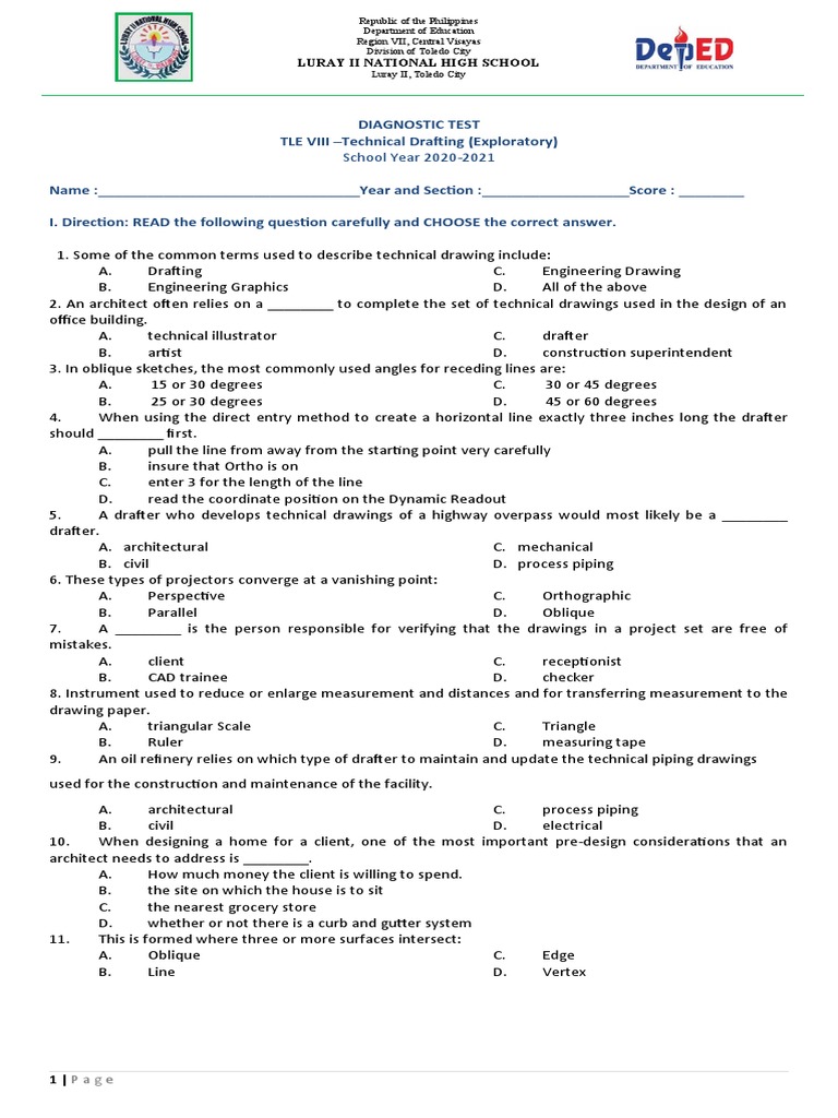 TLE VIII Technical Drafting Diagnostic Test | PDF | Technical Drawing ...