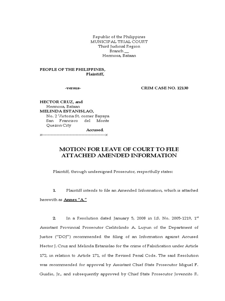 Sample Motion To Admit Amended Information | PDF | Prejudice (Legal Term) | Prosecutor