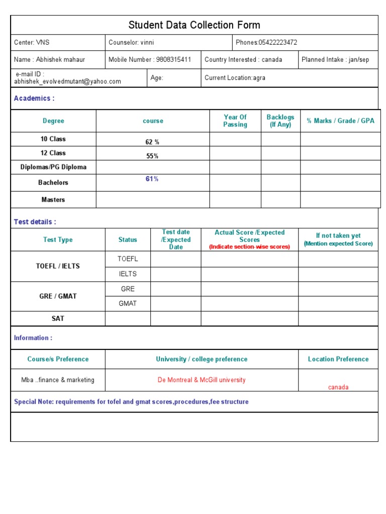 Student Data Collection Form: Academics | PDF | Graduate Management ...