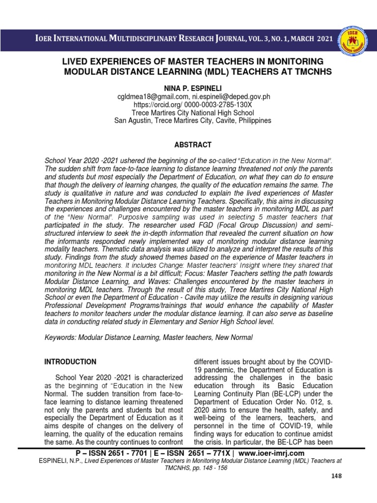 Lived Experiences of Master Teachers in Monitoring Modular Distance ...