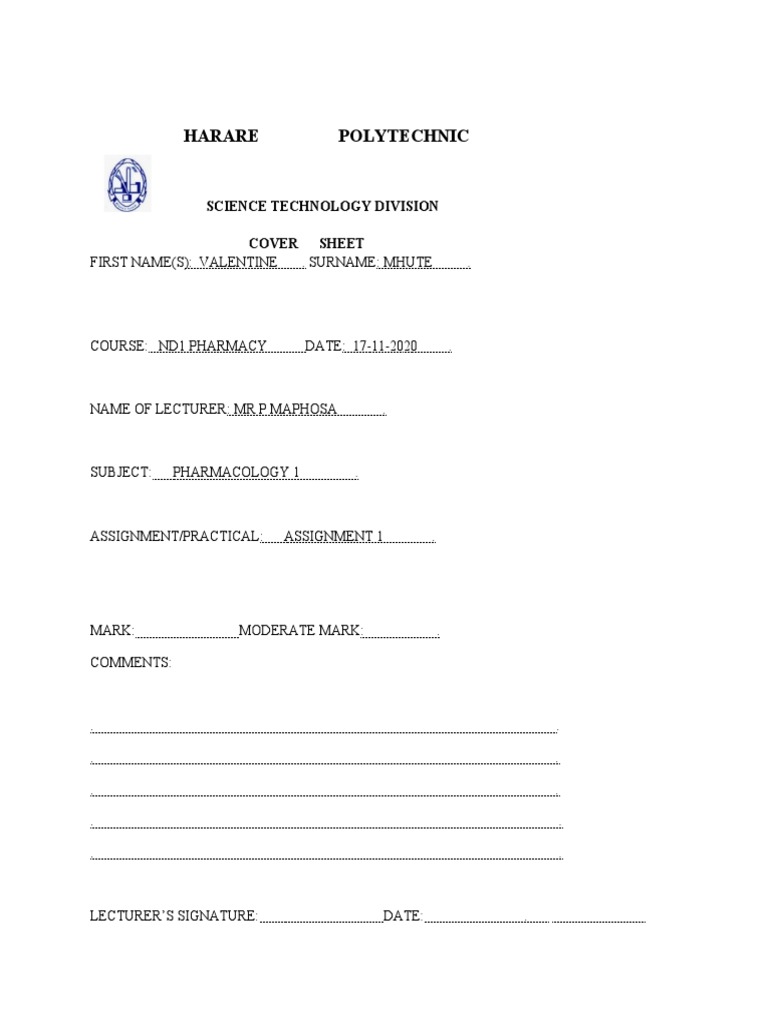Harare Polytechnic: Cover Sheet | PDF | Drug Metabolism | Medicinal ...