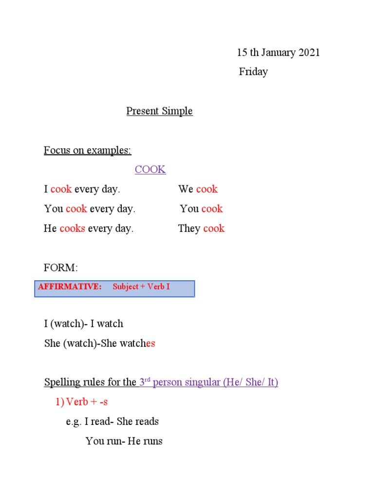 Cook Cook Cook Cook Cooks Cook: AFFIRMATIVE: Subject + Verb I | PDF