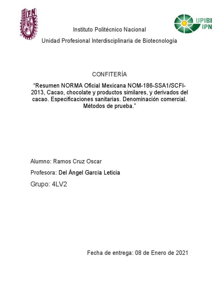 Resumen de la NOM-186-SSA1/SCFI-2013 | PDF | Chocolate | Sólidos de cacao