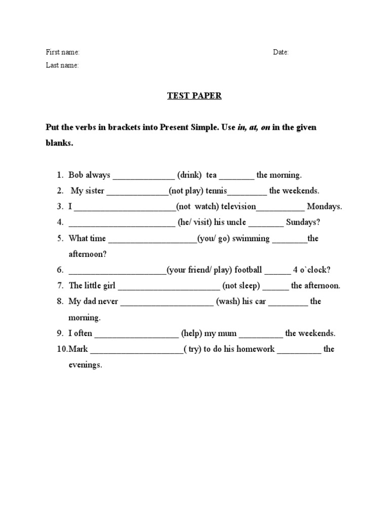 Test Paper-Present Simple, 4th Grade | PDF