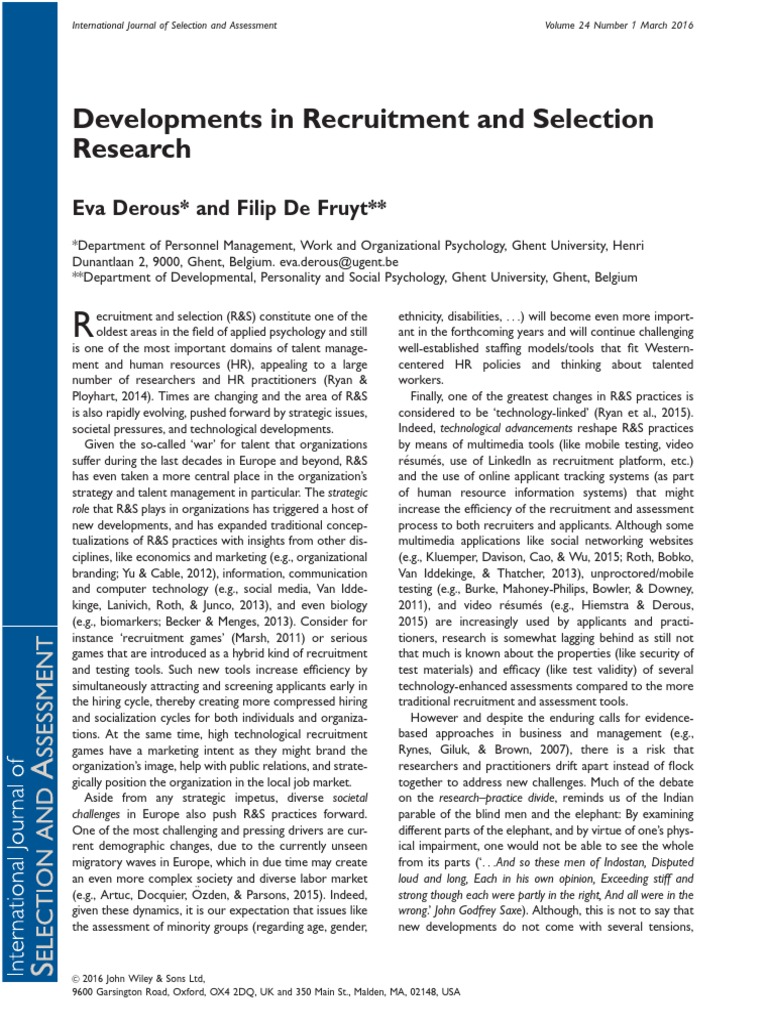 Developments in Recruitment and Selection Research: Eva Derous and ...