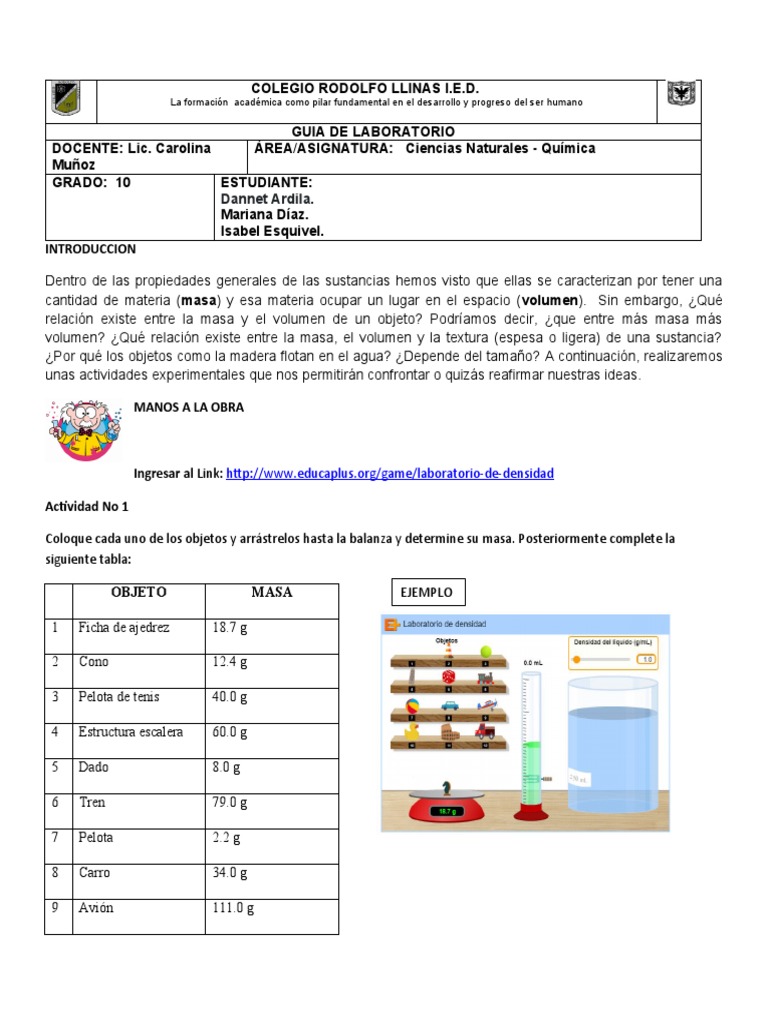 Taller en Grupo - 1001 - Quimica - Guia de Laboratorio Virtual Densidad ...