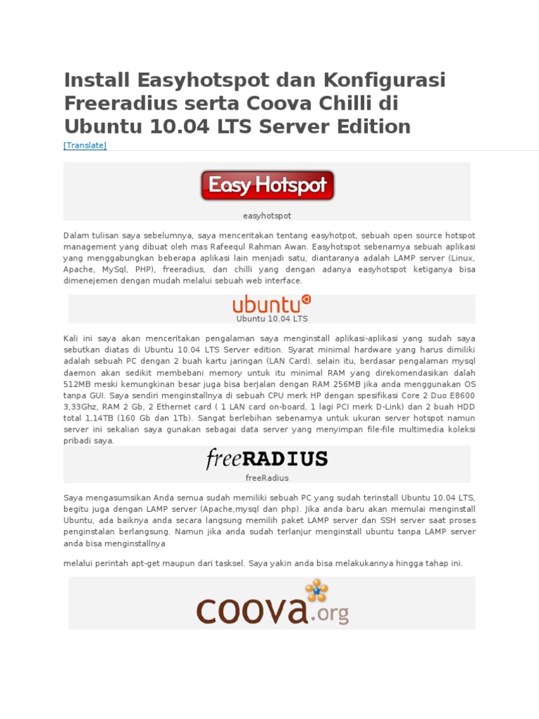 Install Easyhotspot Dan Konfigurasi Freeradius Serta Coova Chilli Di Ubuntu 10 | PDF
