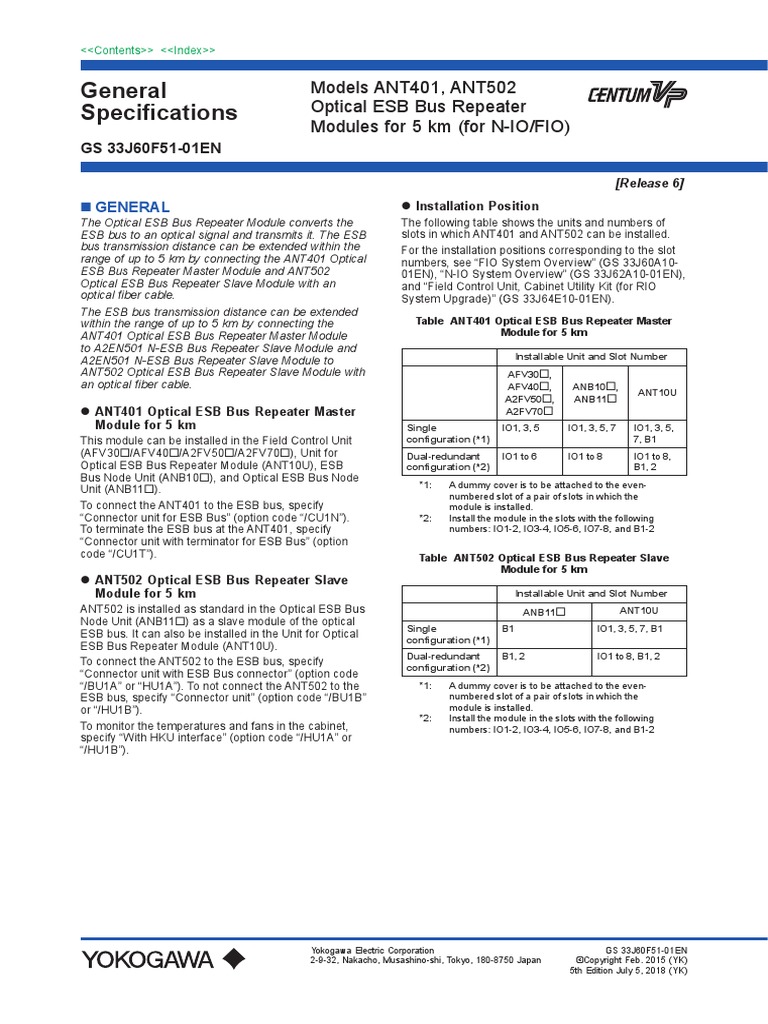 General Specifications: Models ANT401, ANT502 Optical ESB Bus Repeater ...