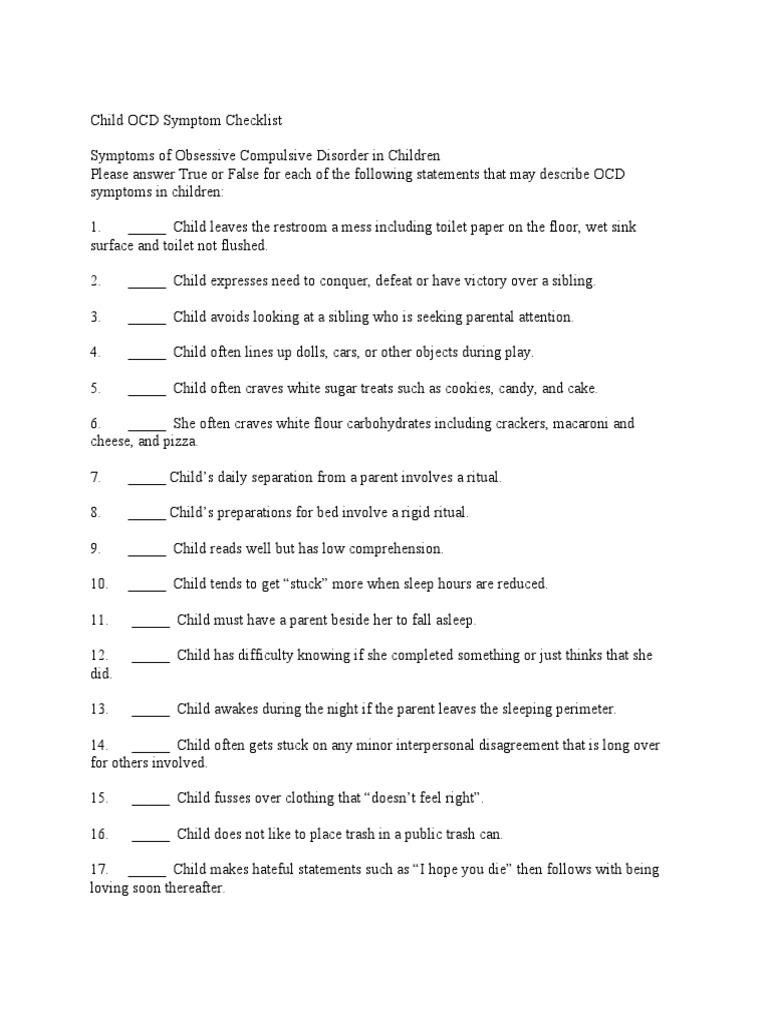 OCD Checklist | PDF | Obsessive–Compulsive Disorder | Psychological ...