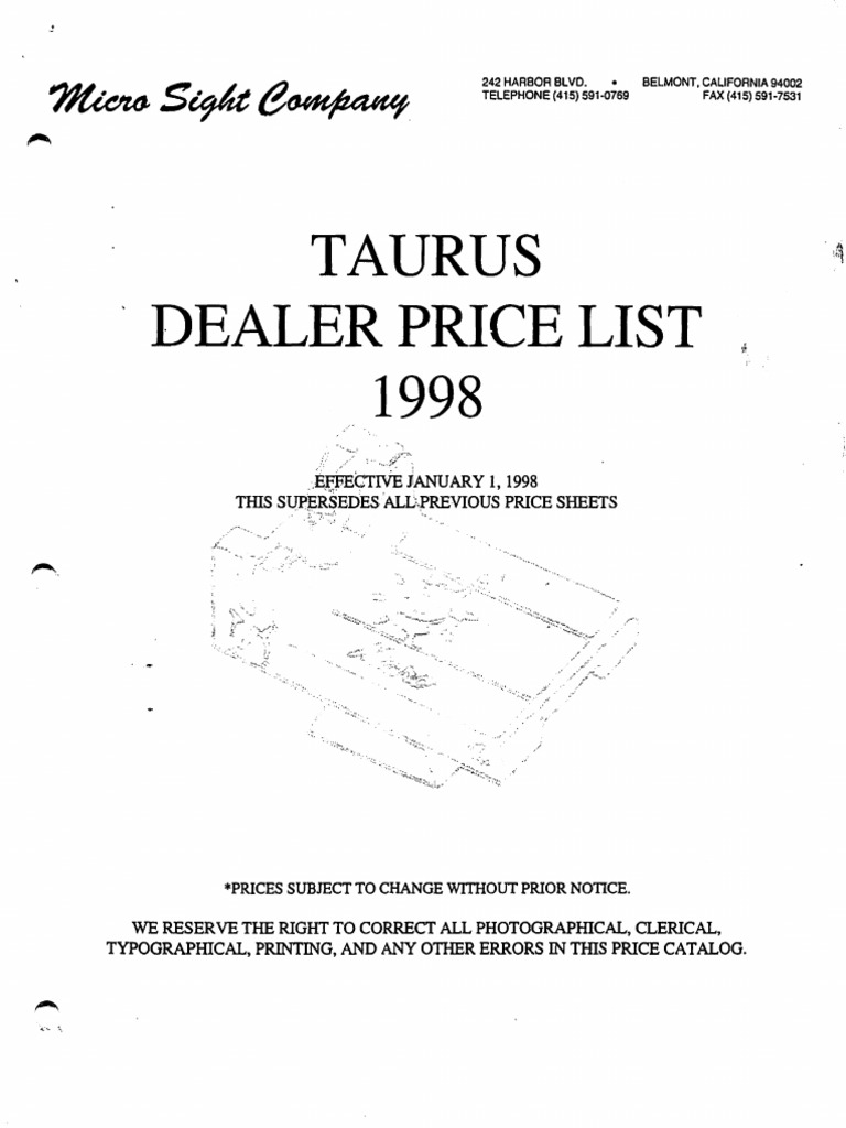 Taurus Dealer Price List 1998:, Effective | PDF | Firearms | Small Arms