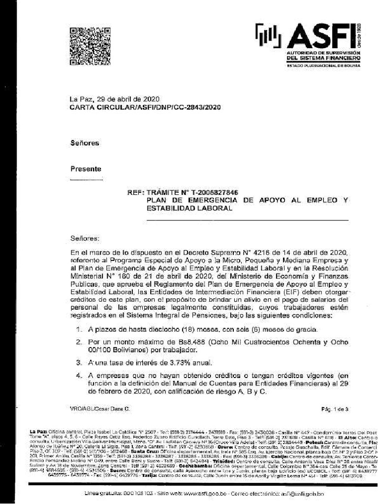 Carta Circular ASFI DNP CC 2843 2020 | PDF