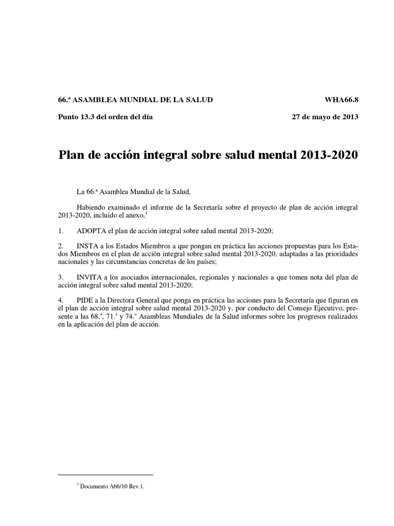 Plan de Acción Integral Salud Mental 2013-2020 | PDF | Salud mental ...