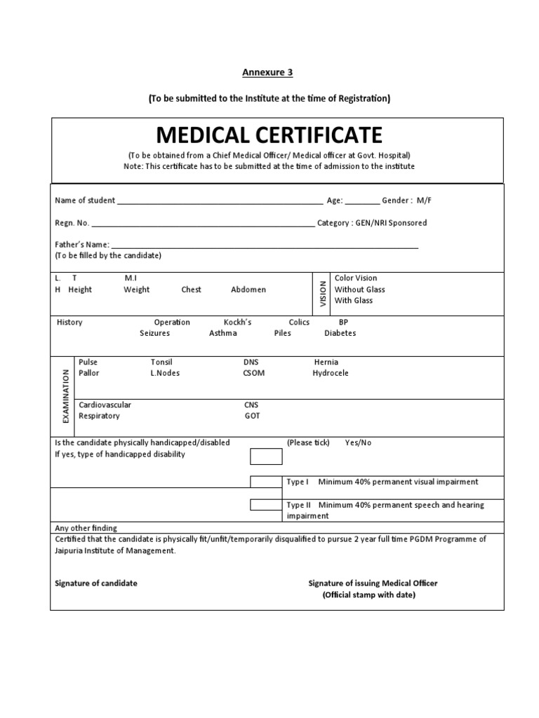 Annexure-3 (Medical Certificate) | PDF | Disability | Human Diseases ...