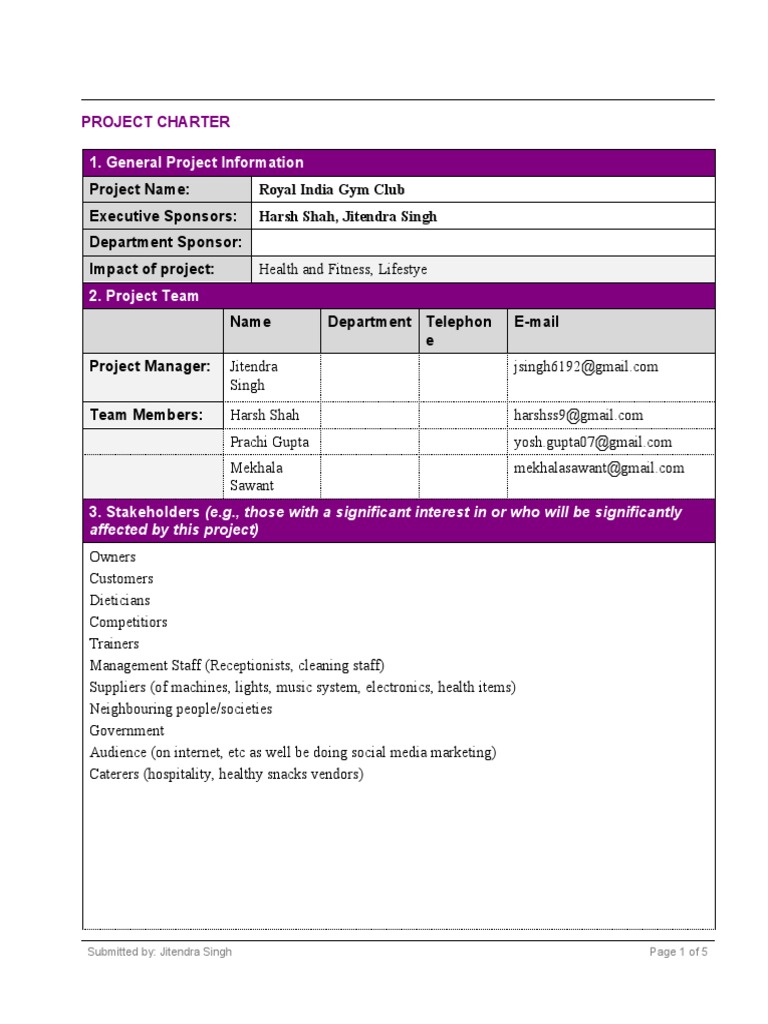 Project Charter - Royal India Gym Club | PDF | Physical Fitness | Business