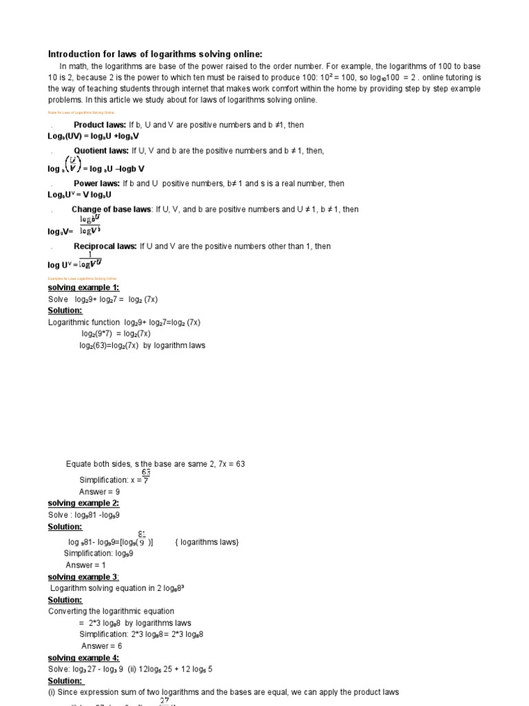 Introduction For Laws of Logarithms Solving Online | PDF | Logarithm ...