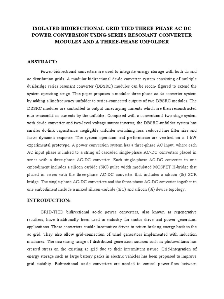 Isolated Bidirectional Grid-Tied Three-Phase Ac-Dc Power Conversion Using Series Resonant ...