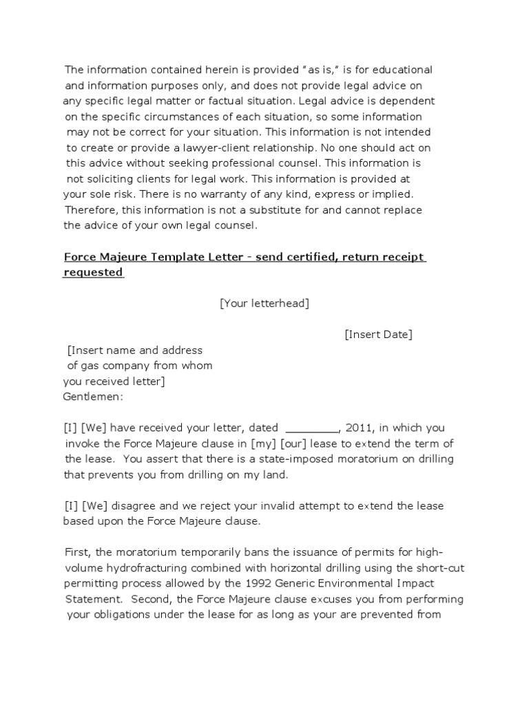 Force Majeure Template Letter | PDF | Lease | Government Information