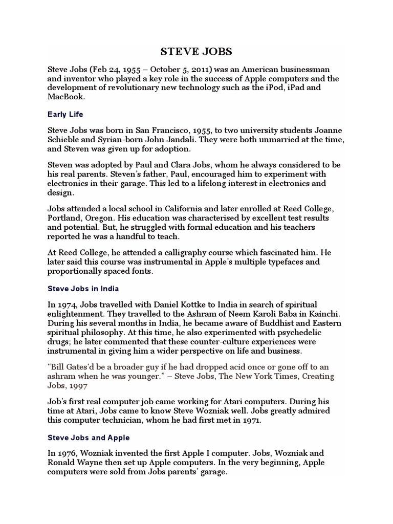 Steve Jobs: Early Life | PDF | Steve Jobs | Apple Inc.