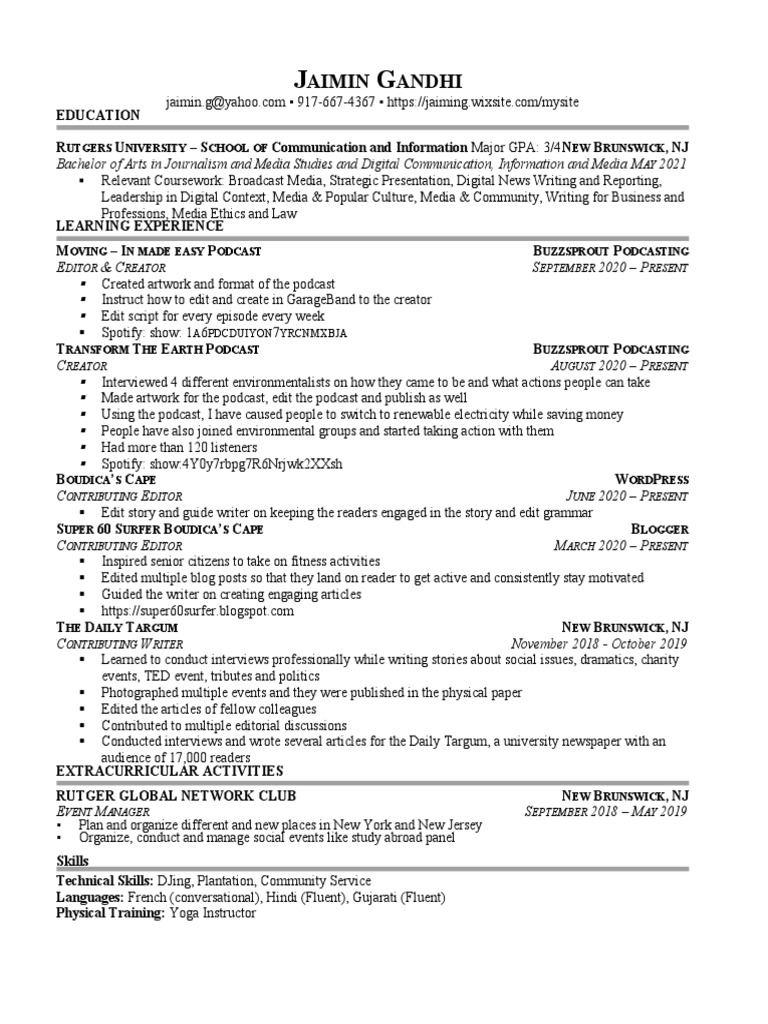 Resume - Jaimin Gandhi | PDF | Podcast | Editing