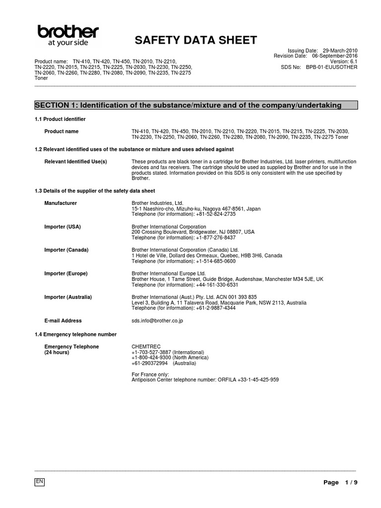 SDS MSDS 000022 Brother TN-420, TN-450 2004 09-16 Eaton | PDF ...